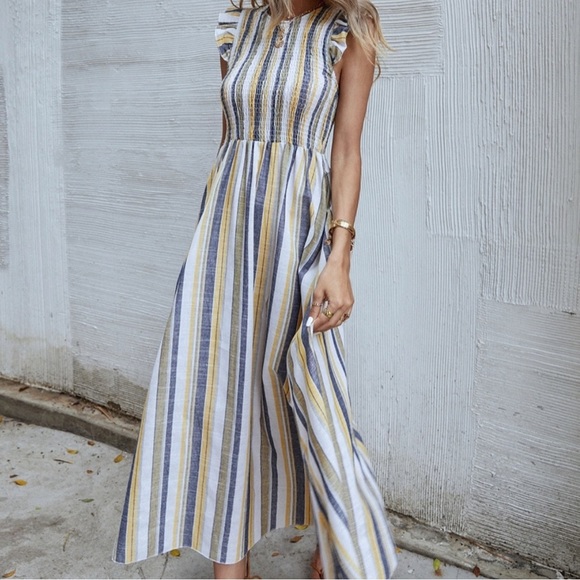 SHEIN | Dresses | Shein Striped Shirred Ruffle Cuff Aline Dress | Poshmark